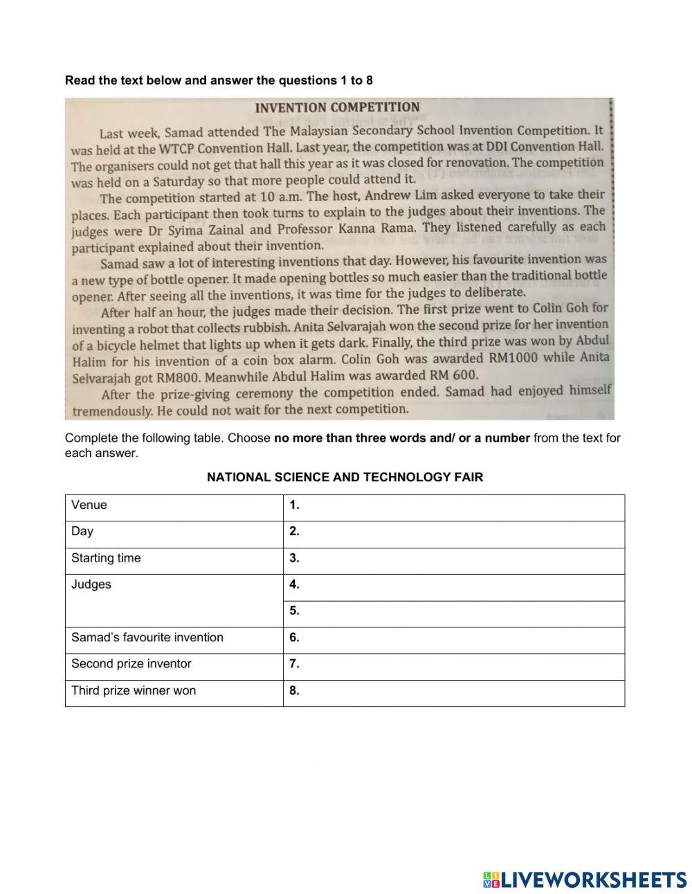 Information Transfer - Invention Competition worksheet | Live Worksheets