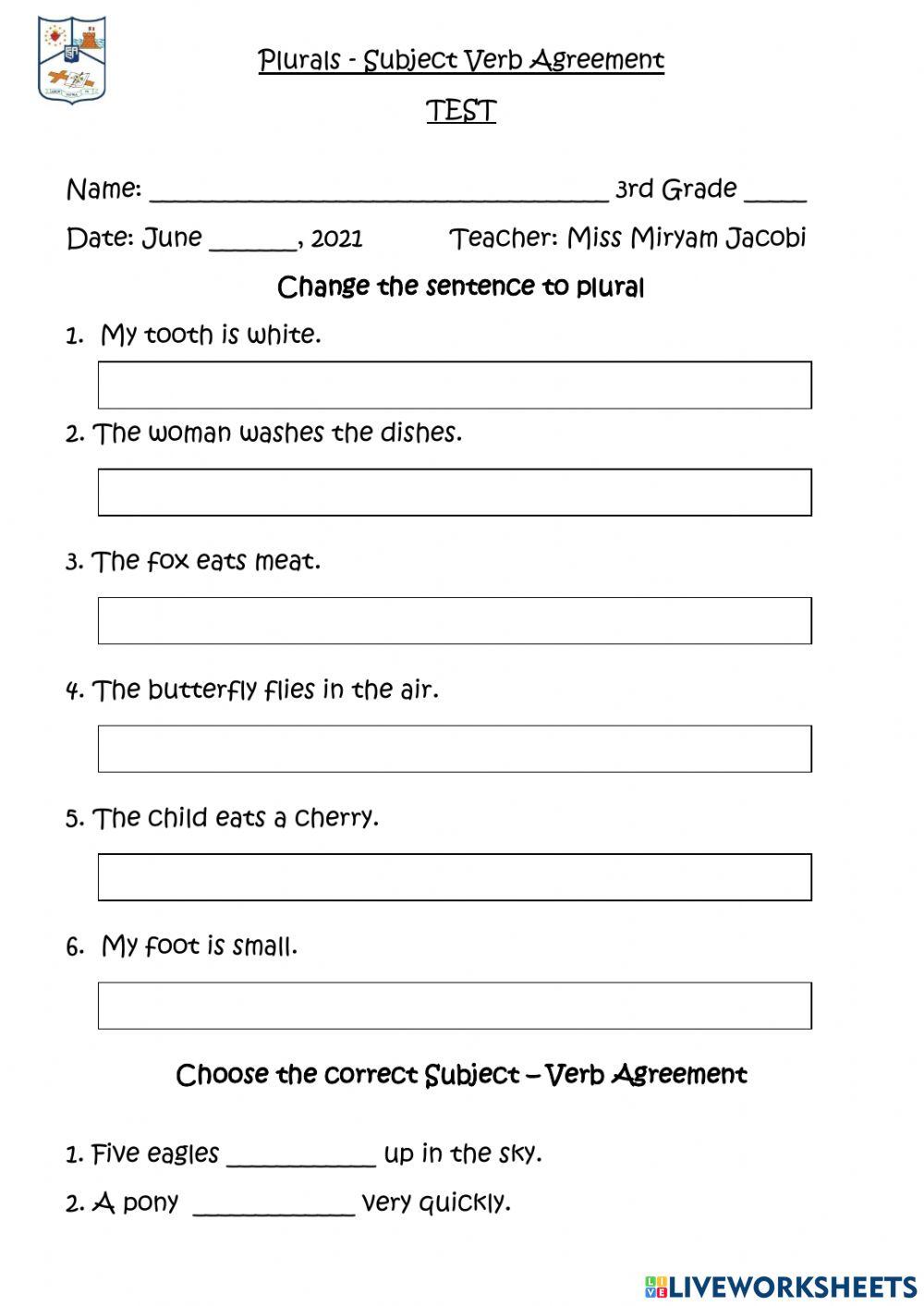 Plurals and Subject - Verb Agreement TEST worksheet | Live Worksheets