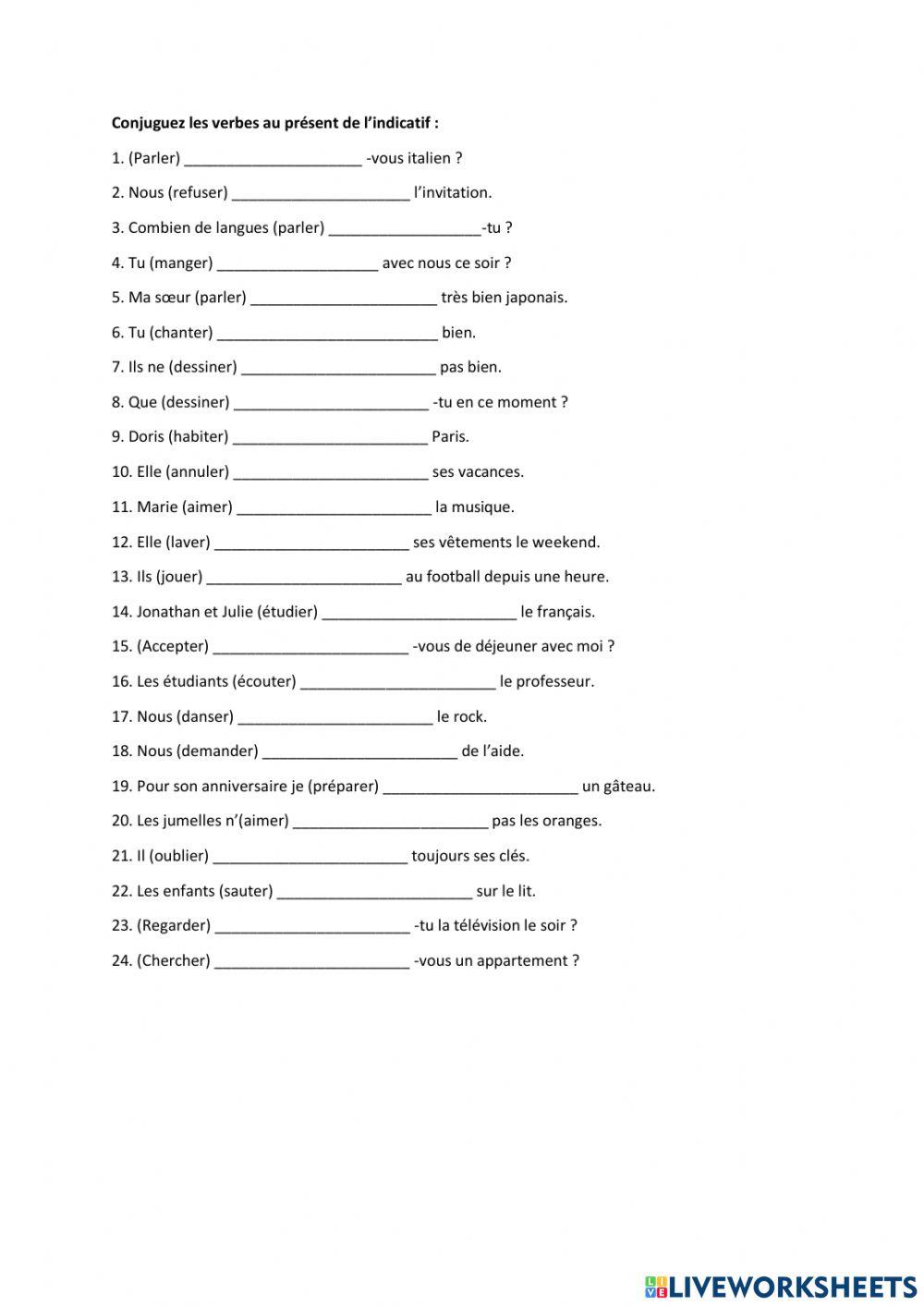 Conjuguez les verbes entre parenthèses au présent. online exercise for ...