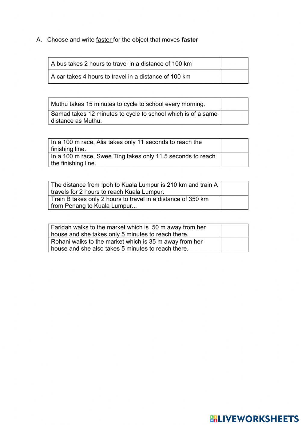 Speed year 6 | Free Interactive Worksheets | 1117225