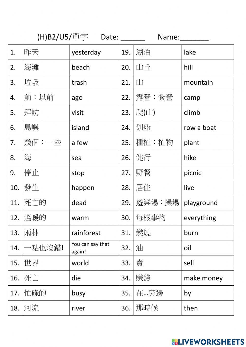 翰林b2 u5 單字聽讀 worksheet | Live Worksheets