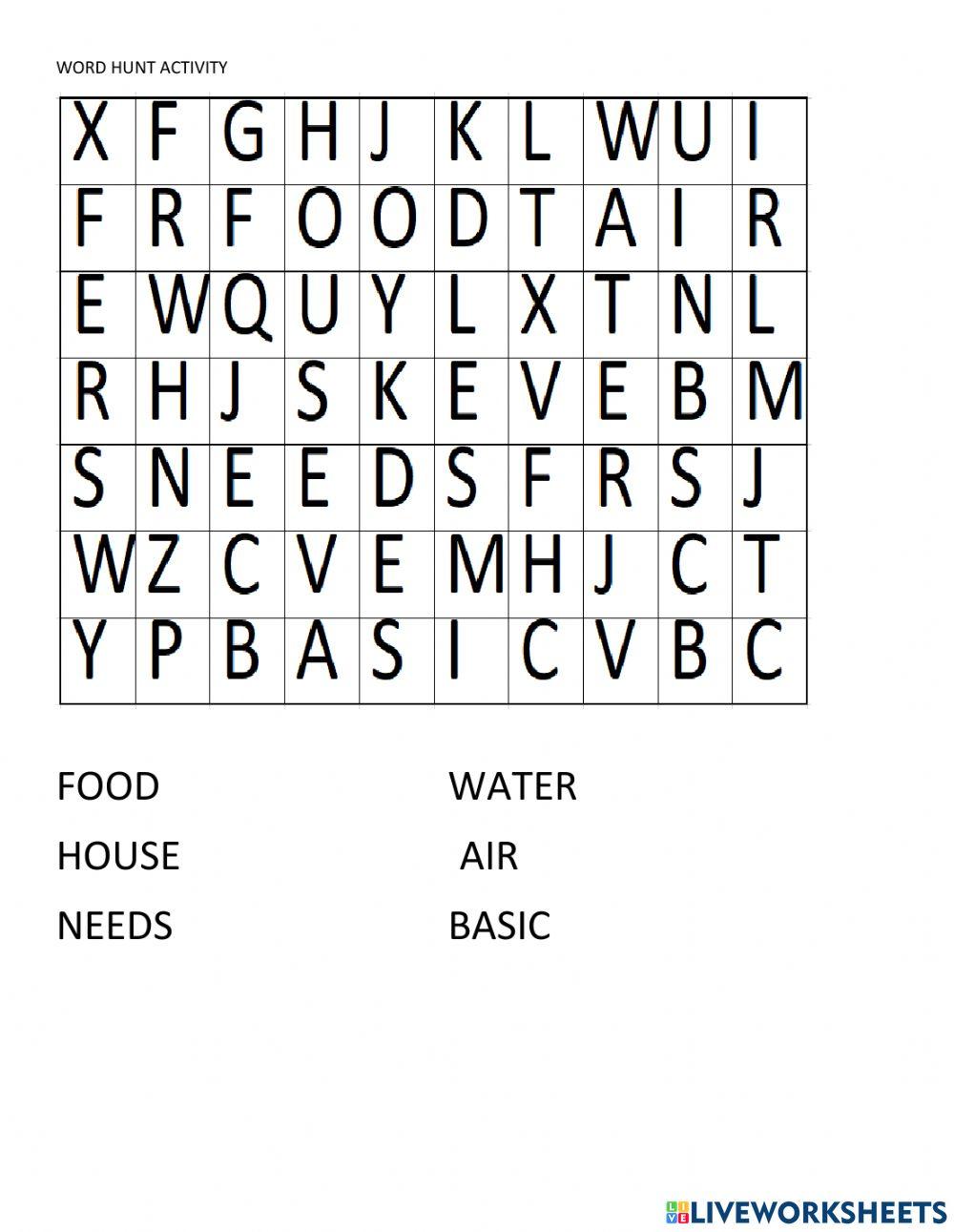 Basic needs of the body. Word hunt worksheet | Live Worksheets