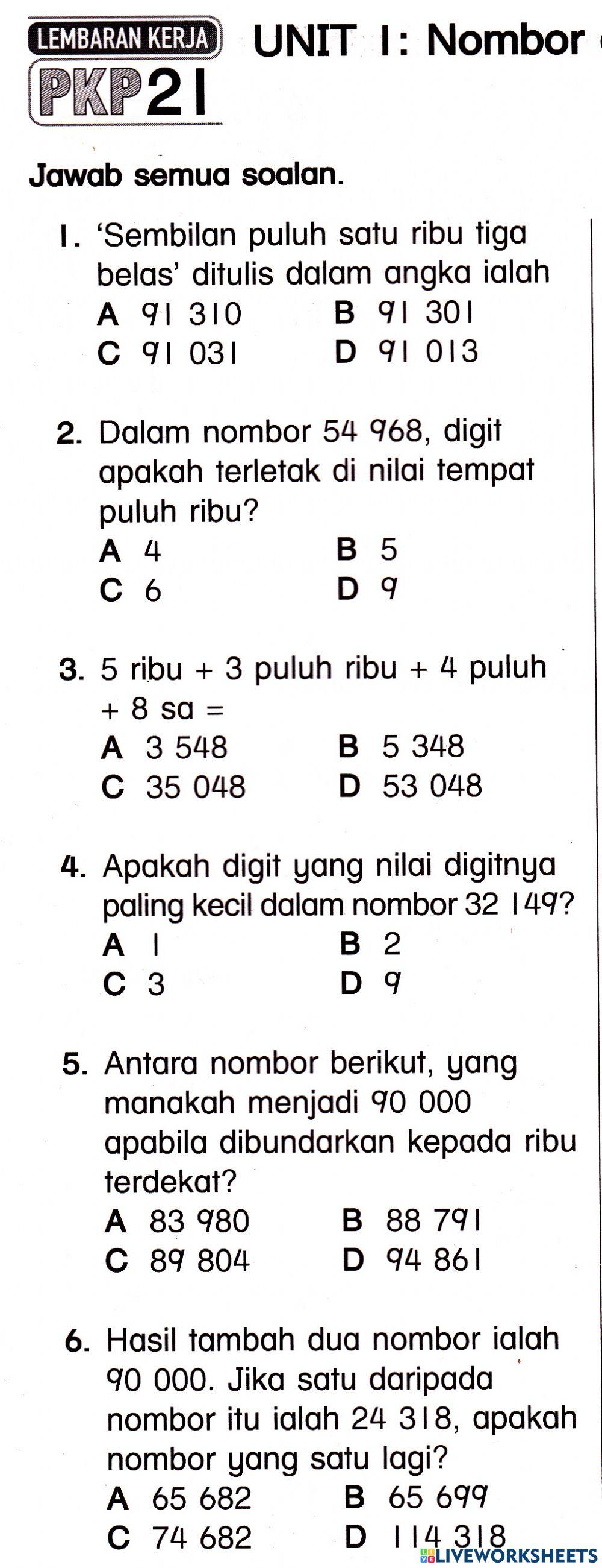 Nombor tahun 4 worksheet | Live Worksheets