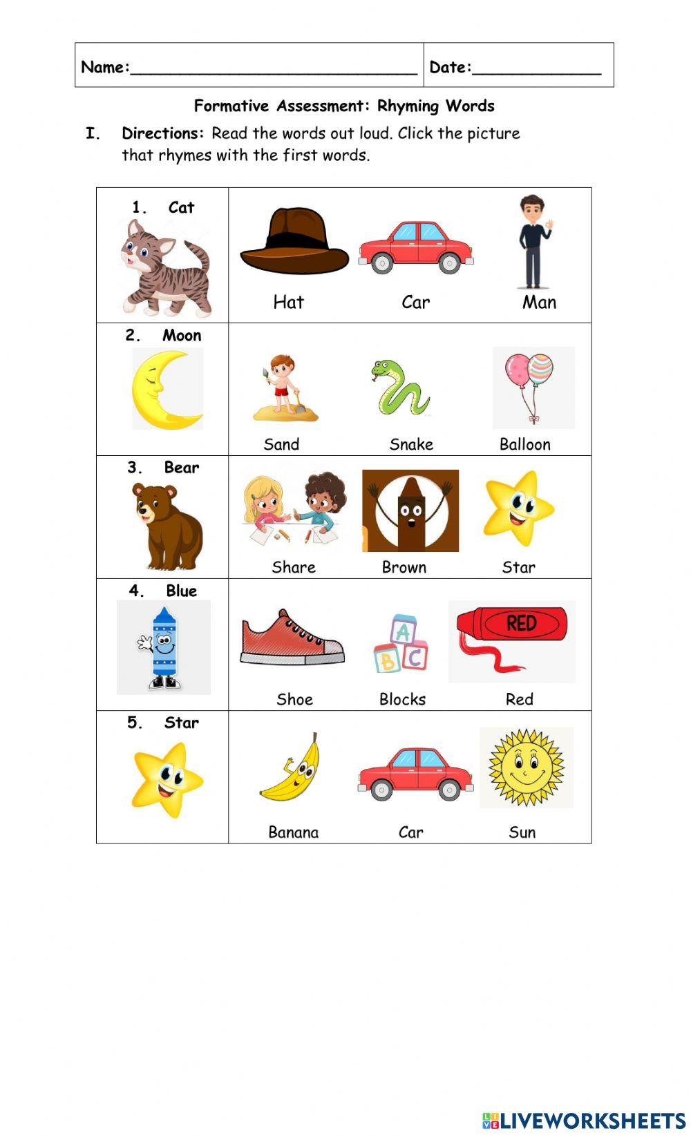 Rhyming Words Formative worksheet | Live Worksheets