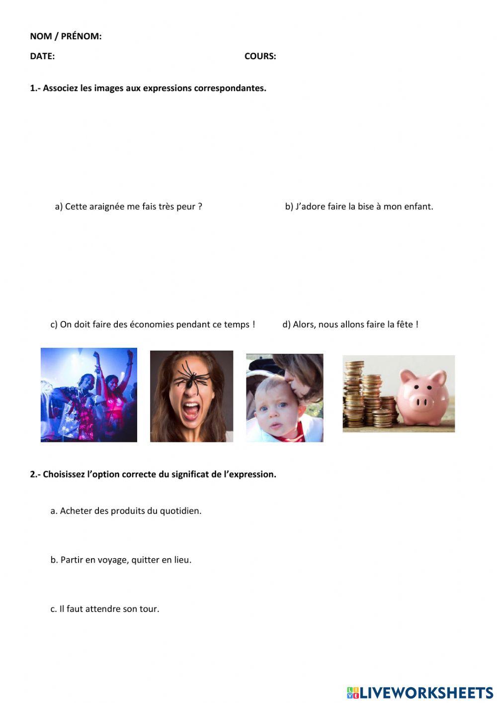 Expressions avec le verbe FAIRE worksheet | Live Worksheets
