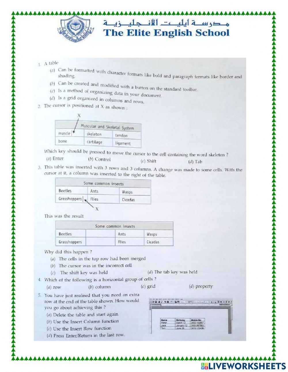 Tables and prin… | Free Interactive Worksheets | 1120308
