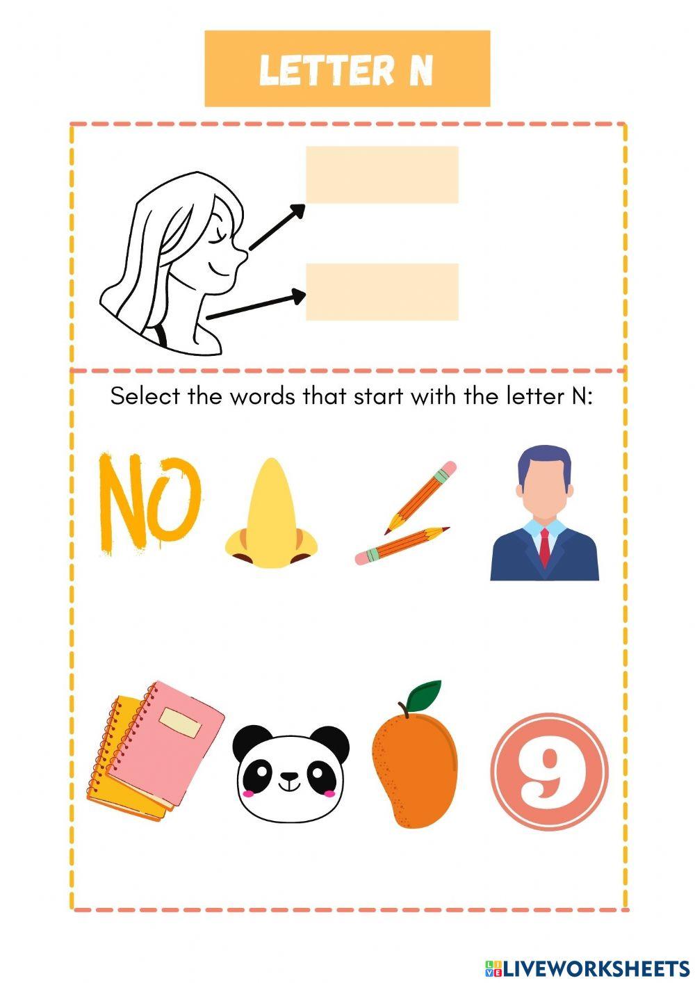 Letter N n worksheet | Live Worksheets