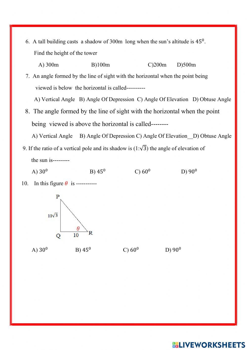 Applications of trigonometry- mcq -EM 1120879 | PRAKASHHG