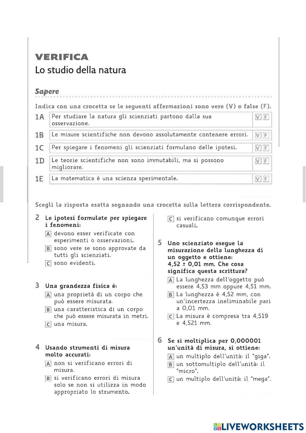 SCIENZE Verifica livello medio LO STUDIO DELLA NATURA worksheet | Live Worksheets