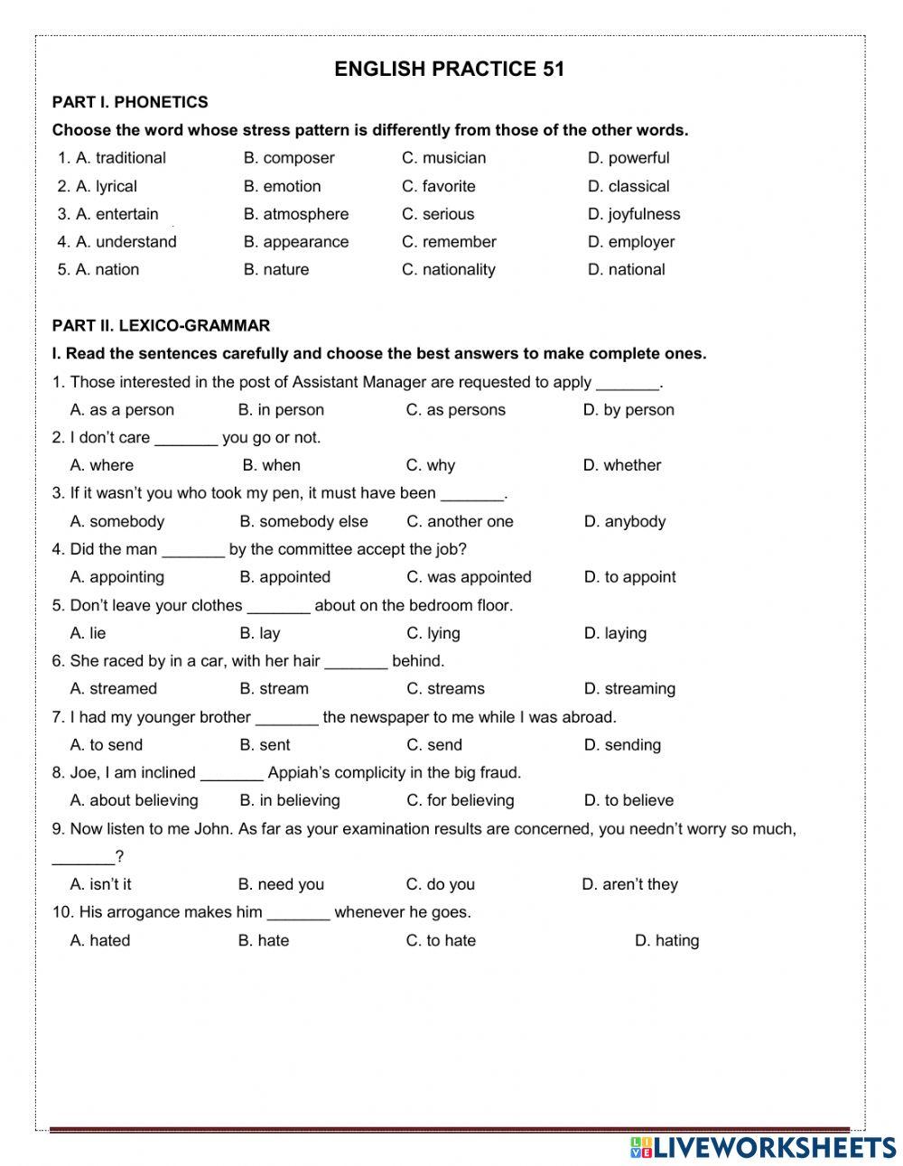 English Practice 51 worksheet | Live Worksheets