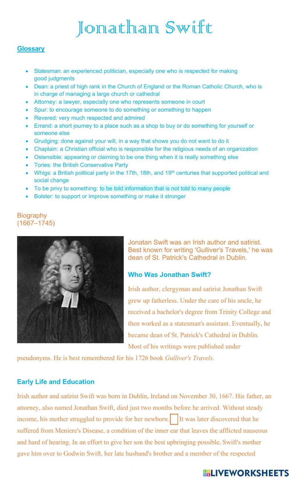 Jonathan Swift,… | Free Interactive Worksheets | 1121917