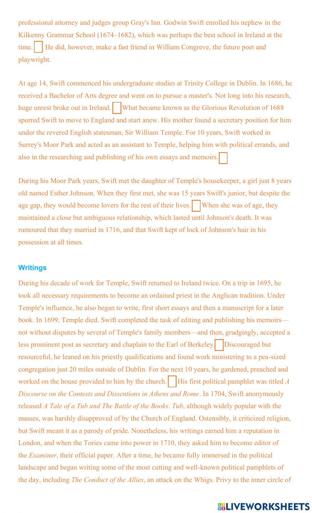 Jonathan Swift,… | Free Interactive Worksheets | 1121917