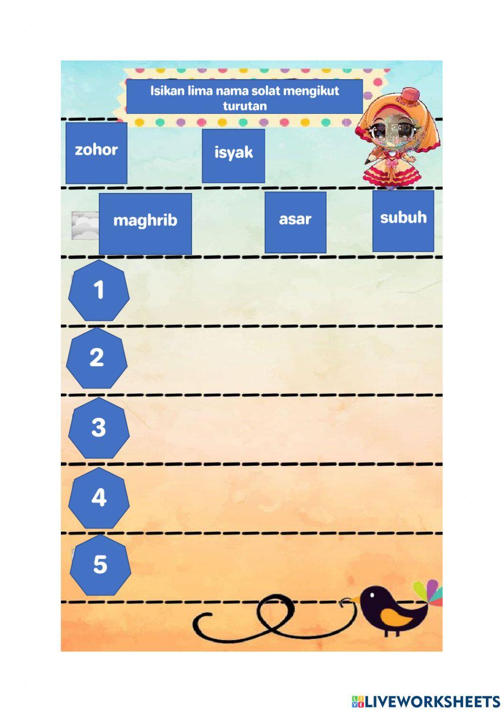 Nama solat 5 waktu worksheet | Live Worksheets