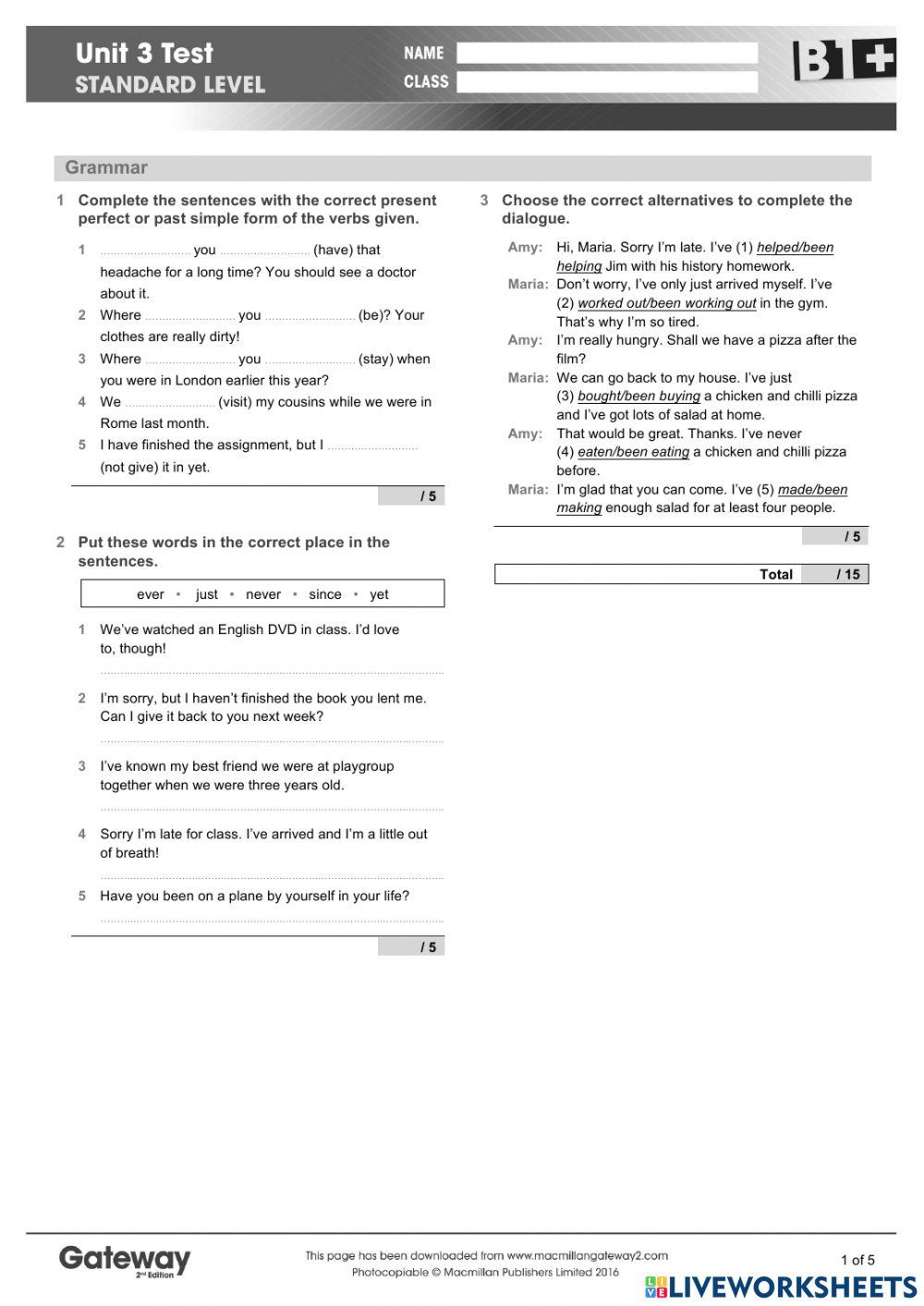 GATEWAY B1+ TEST UNIT 3 online exercise for | Live Worksheets