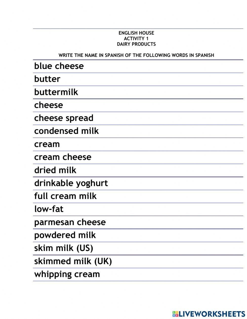 Dairy products online activity | Live Worksheets