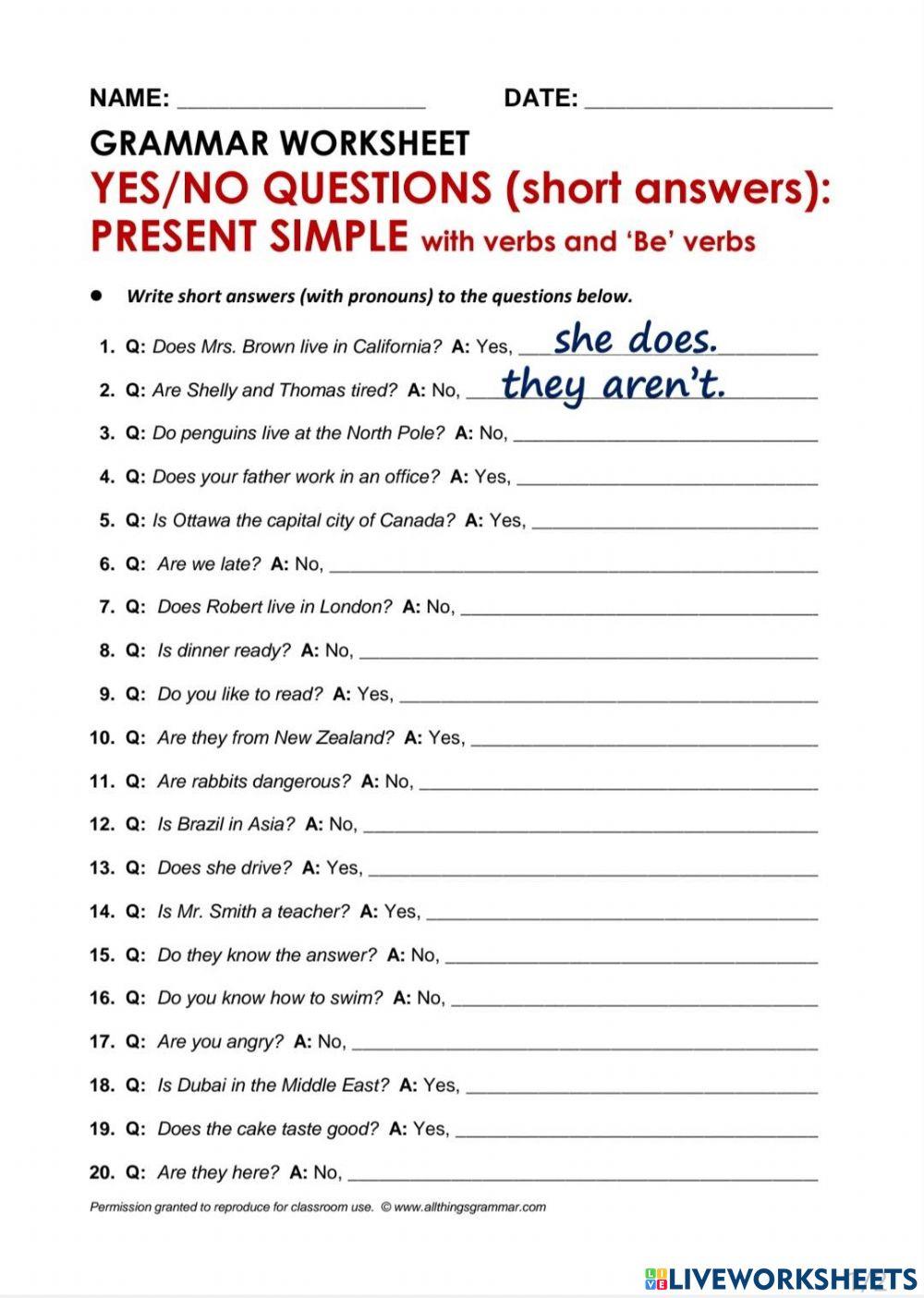 present simple Yes-No Question with short answer online exercise for ...