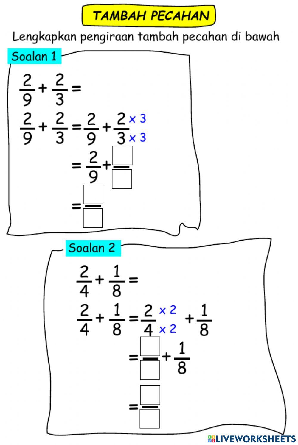 Tambah pecahan online activity | Live Worksheets