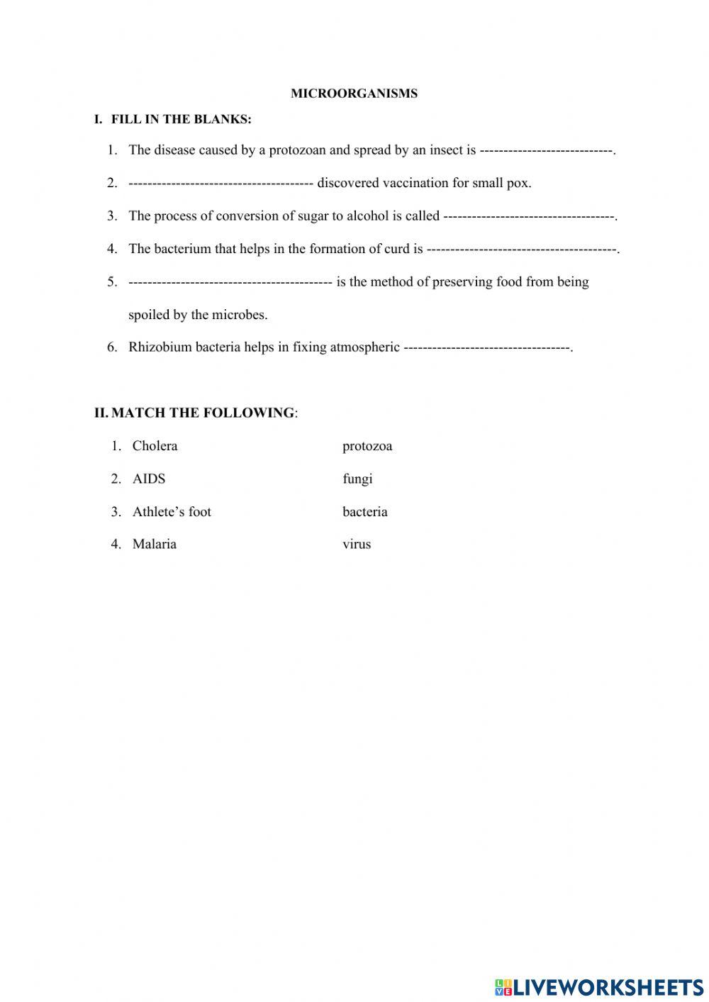 Live worksheet ( Microorganisms ) 8 3130274 | AparnaU