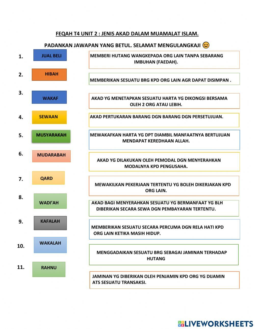Feqah unit 2: jenis akad dlm muamalat islam worksheet | Live Worksheets