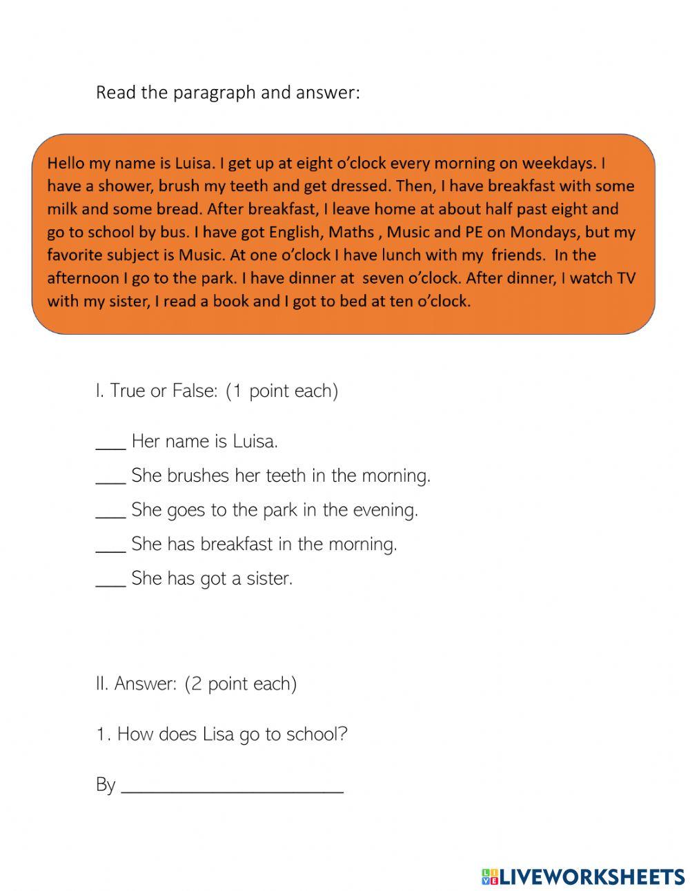 Reading Activity online activity for 5th grade | Live Worksheets