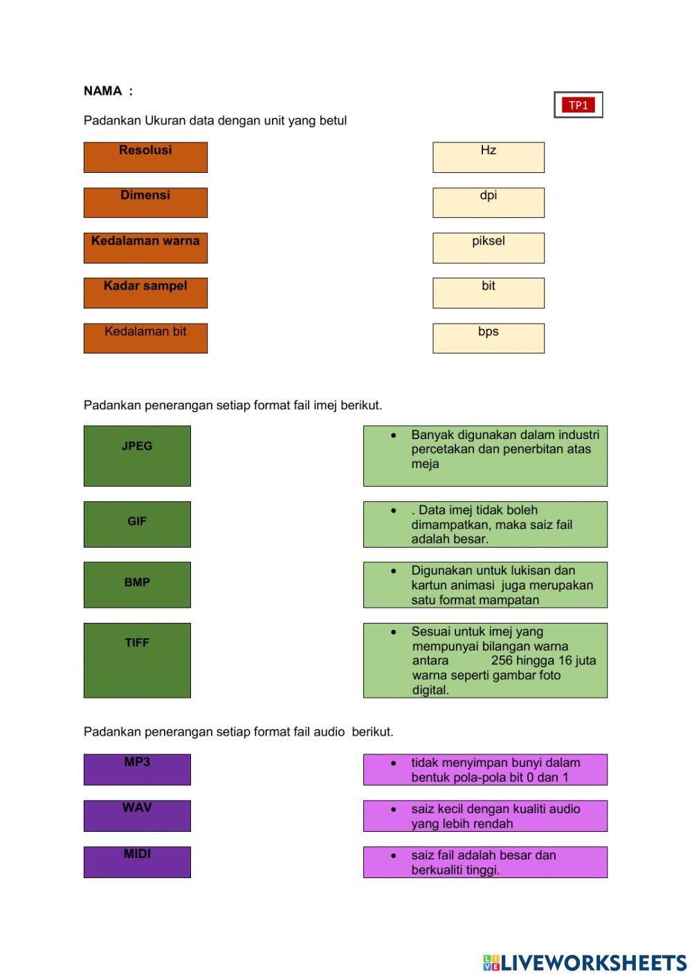 Ukuran data-Format imej dan audio digital worksheet | Live Worksheets