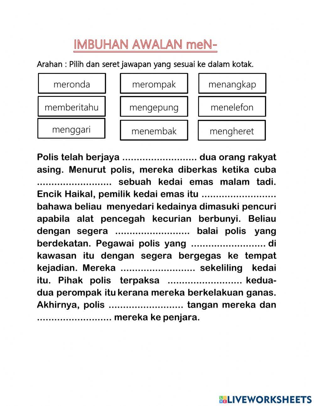 Kata Imbuhan meN worksheet | Live Worksheets