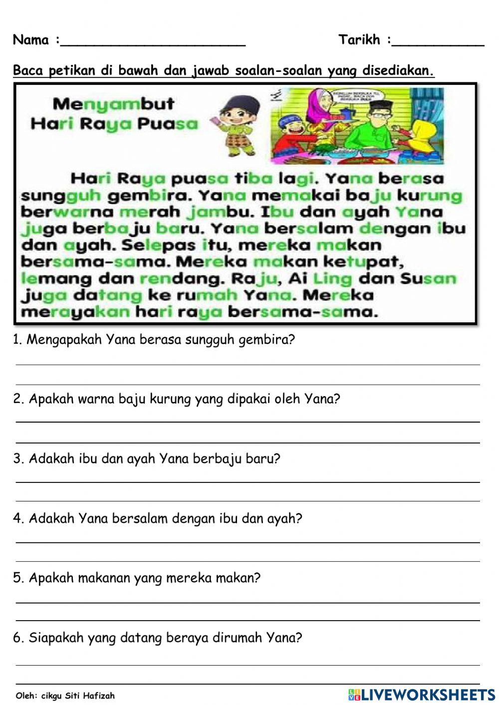 Soalan Pemahaman Hari Raya Puasa worksheet | Live Worksheets
