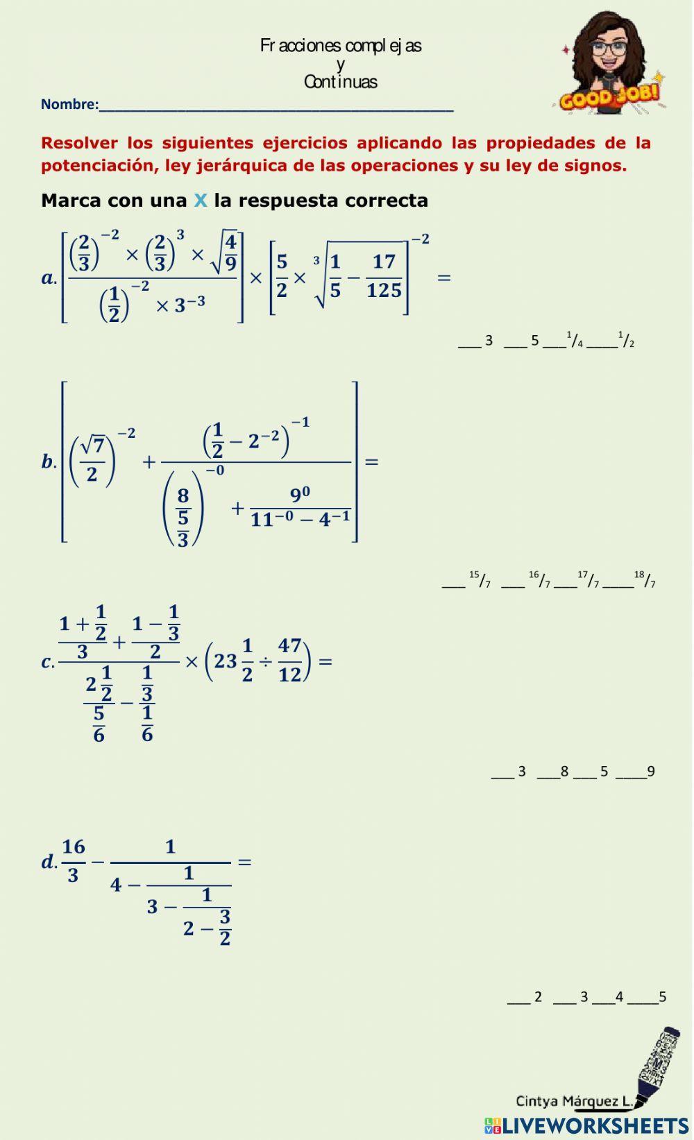 Fracciones complejas y continuas worksheet | Live Worksheets