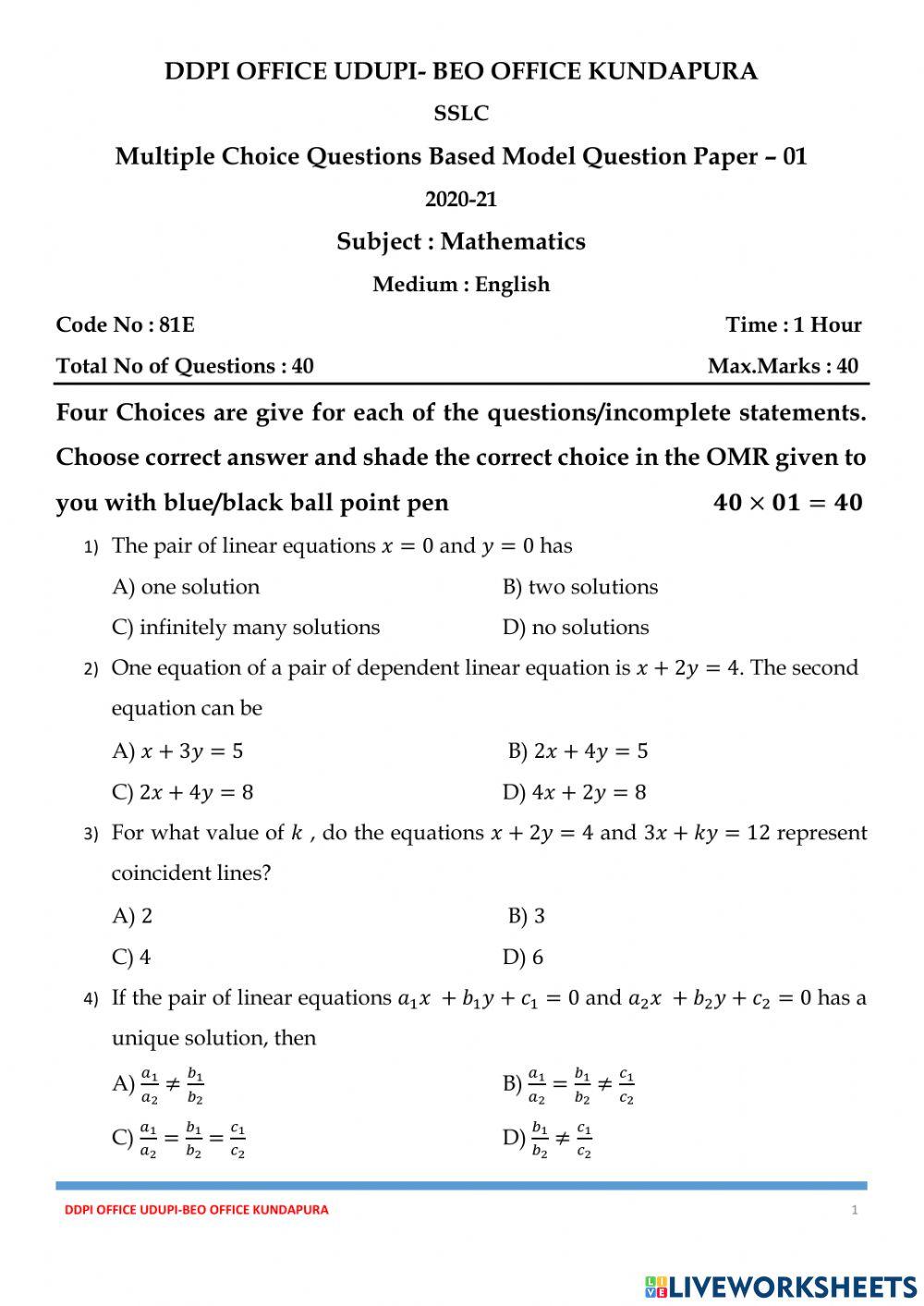 Mathsquestion paper-1 worksheet | Live Worksheets