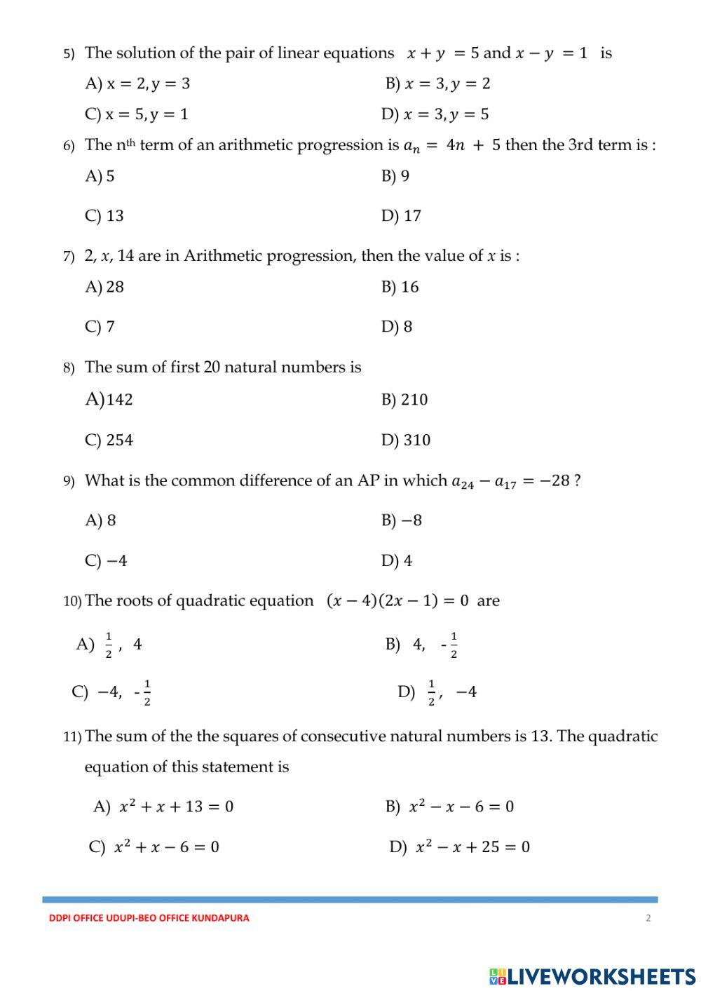 Mathsquestion paper-1 worksheet | Live Worksheets