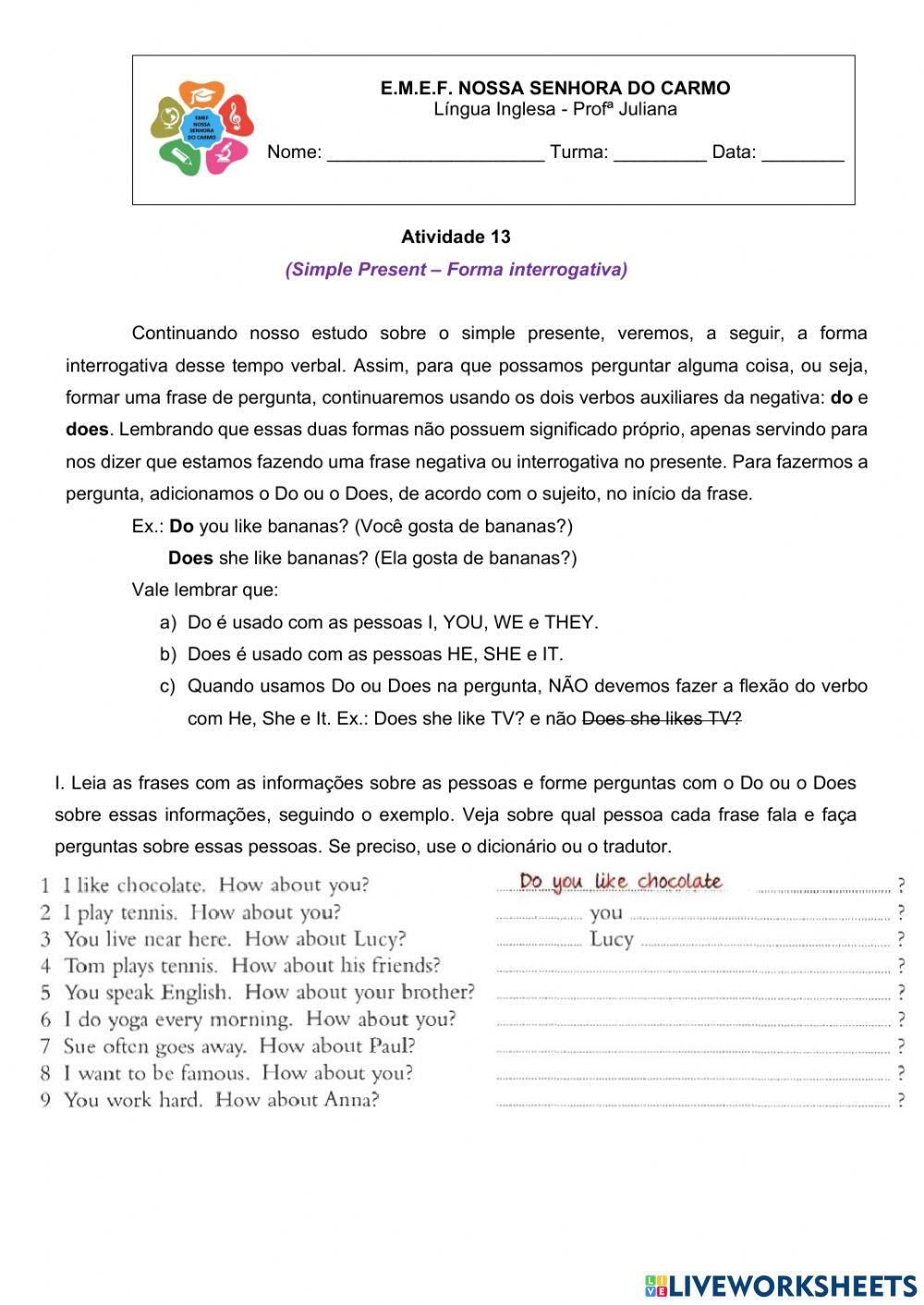 Simple present - interrogative worksheet | Live Worksheets
