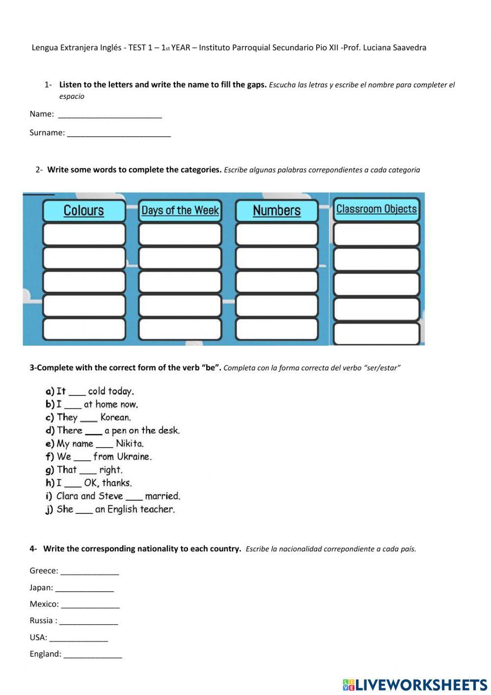 TEST 1 - 1ER AÑO - PIO 6648558 | Lu_profe_ingles
