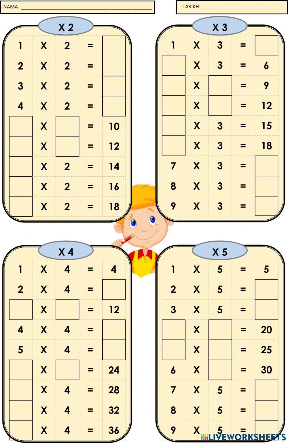 Sifir darab 2,3… | Free Interactive Worksheets | 1126849