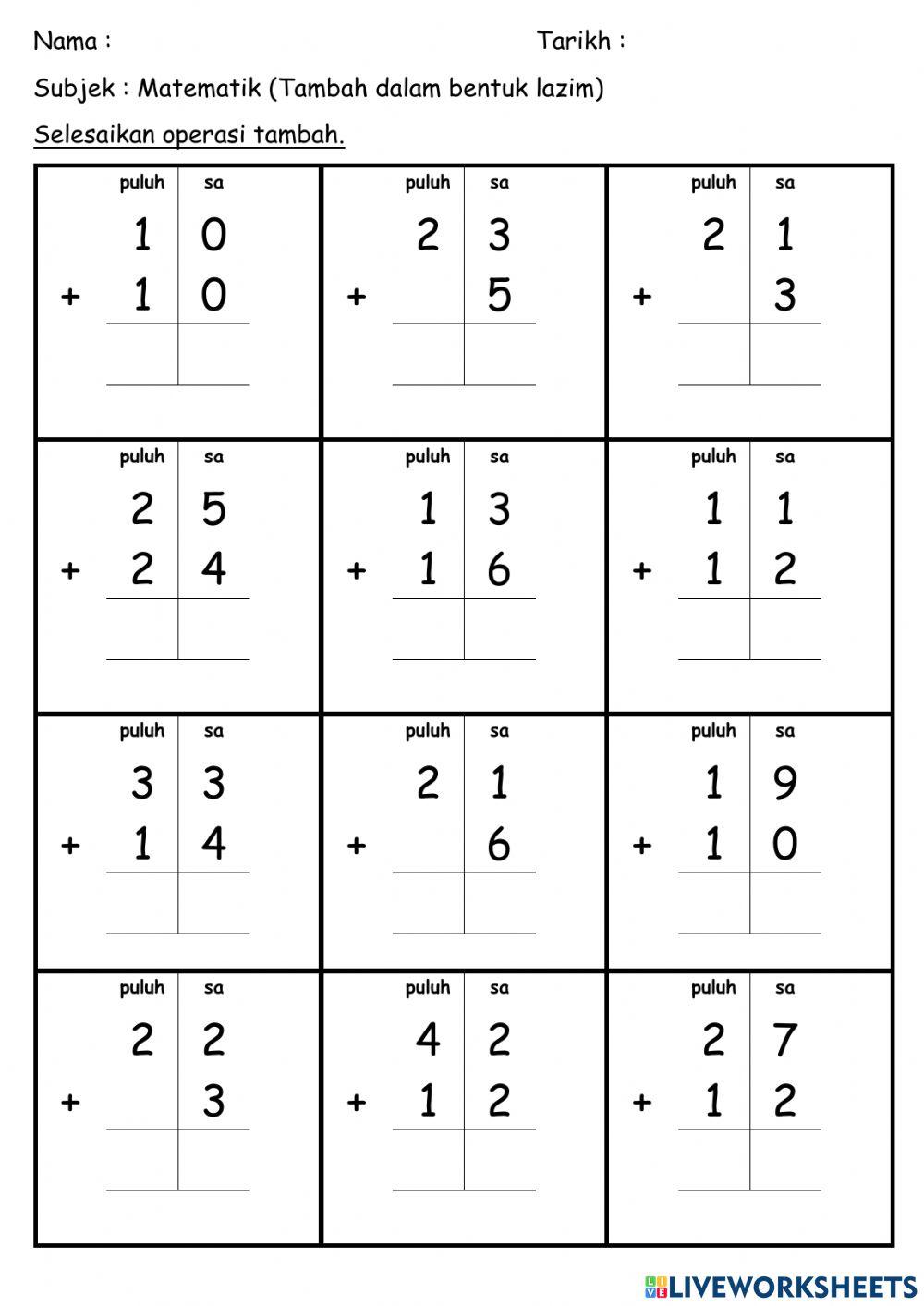 Operasi tambah interactive exercise for prasekolah | Live Worksheets