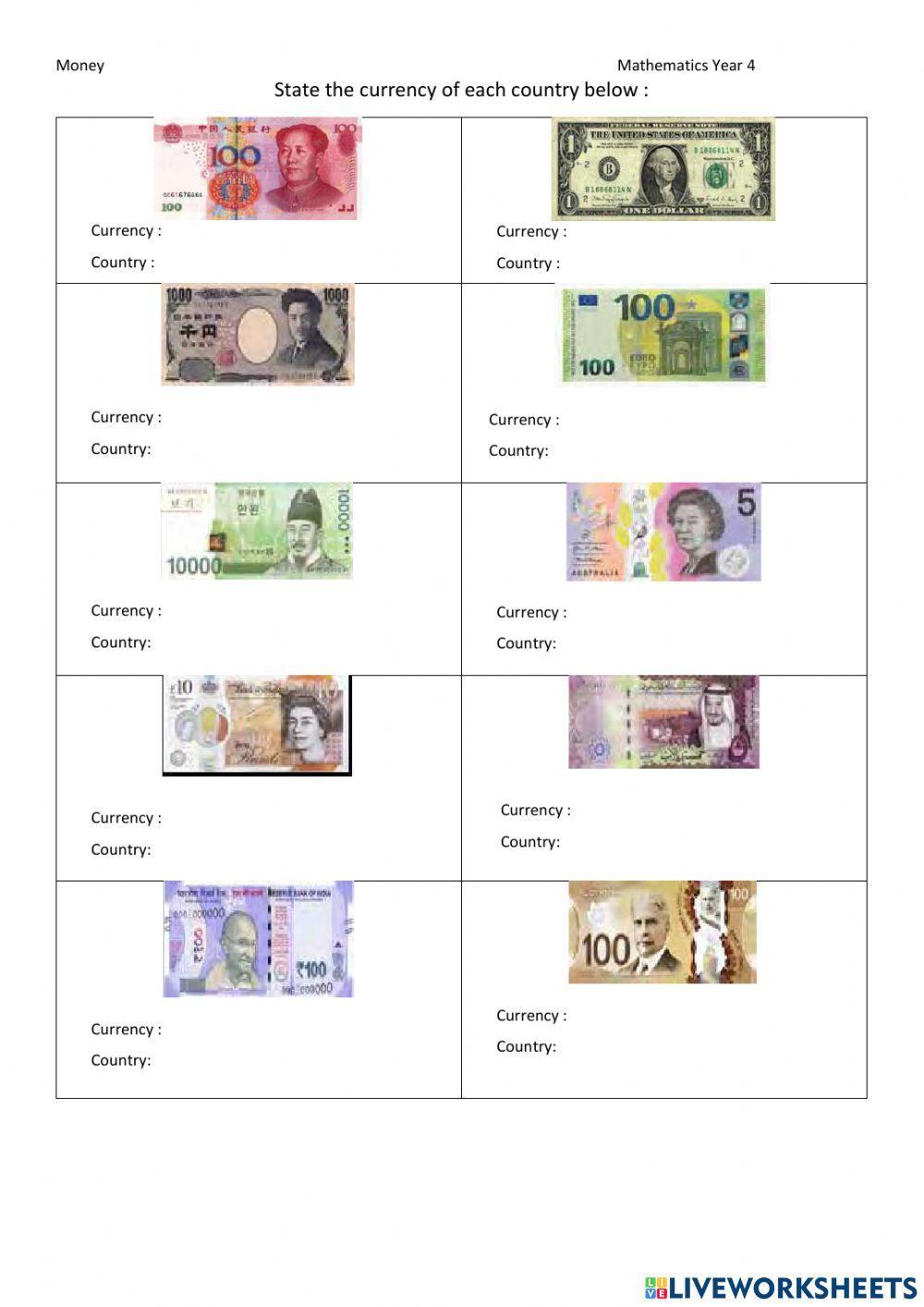 Main currencies | Free Interactive Worksheets | 1127148