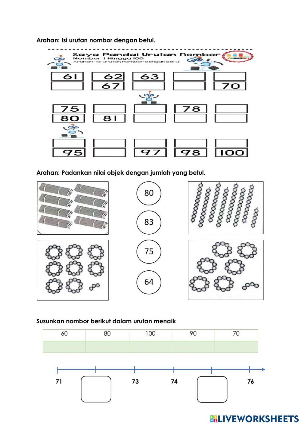 Nombor 51-100 interactive worksheet | Live Worksheets