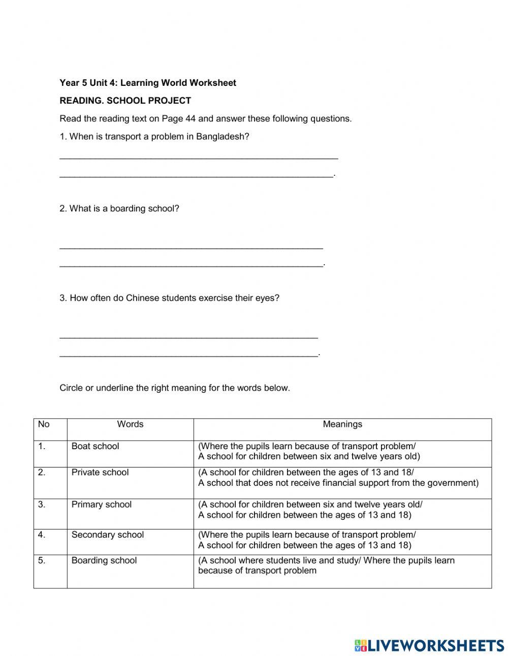 Year 5 Unit 4 Learning World Worksheet 1127415