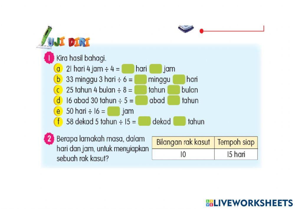 Pembahagian masa worksheet | Live Worksheets