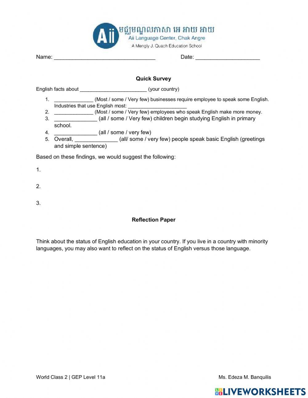 Reflection Paper: Language and Life online exercise for | Live Worksheets