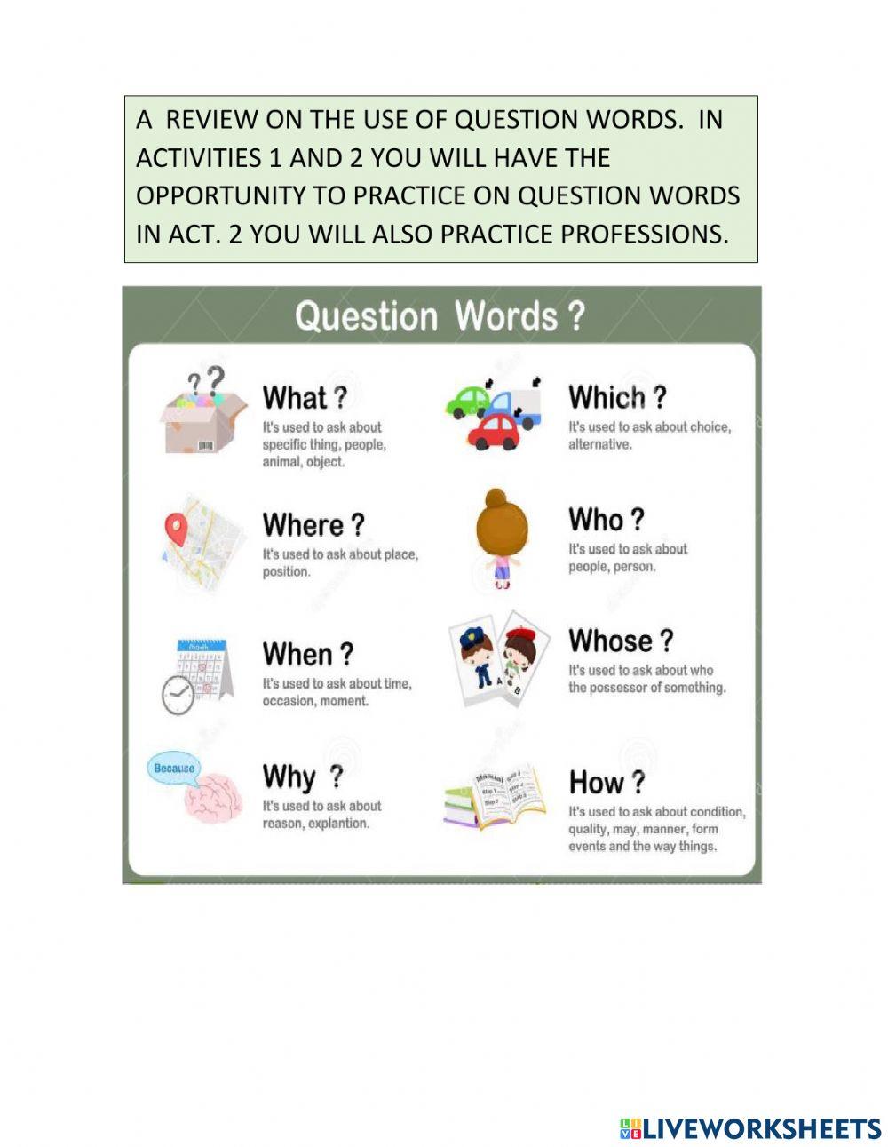 Review on questions and professions worksheet | Live Worksheets