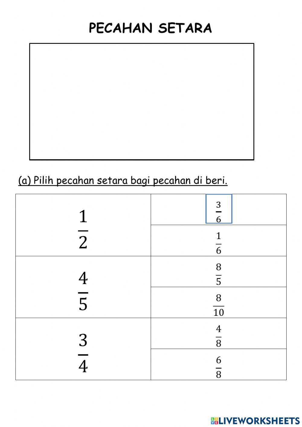 Pecahan Setara dan Permudahkan Pecahan worksheet | Live Worksheets