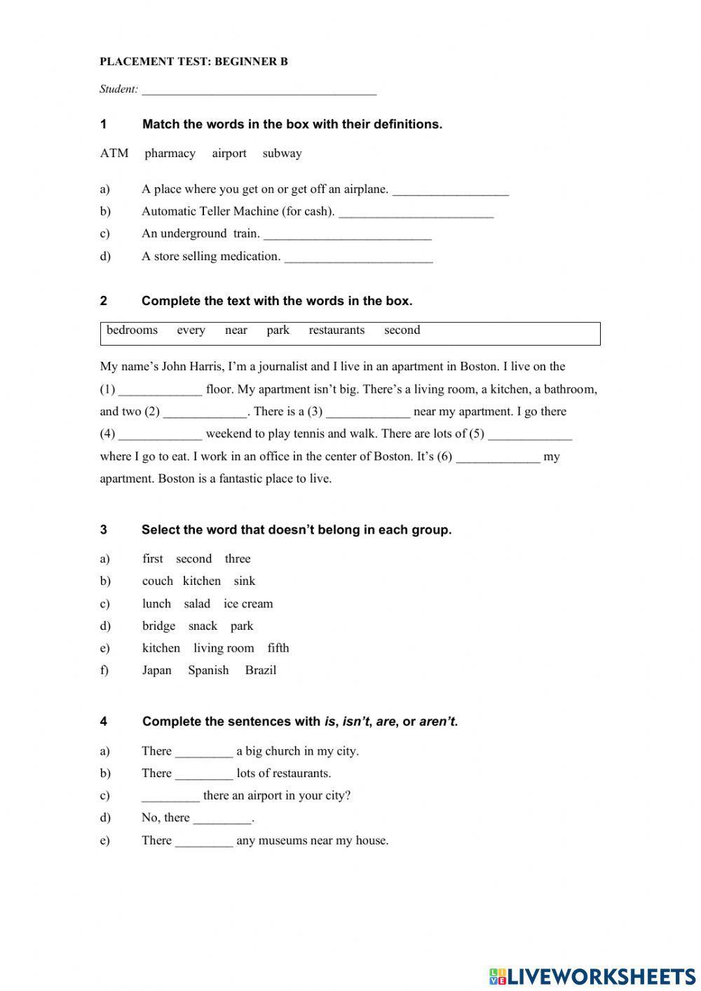 Placement test Beginner worksheet | Live Worksheets