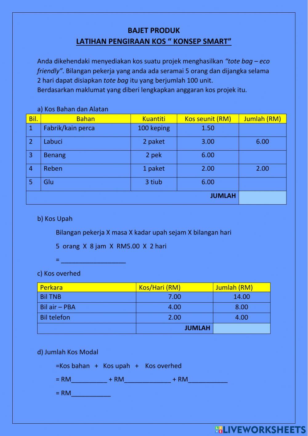 Pengiraan kos (… | Free Interactive Worksheets | 1130708