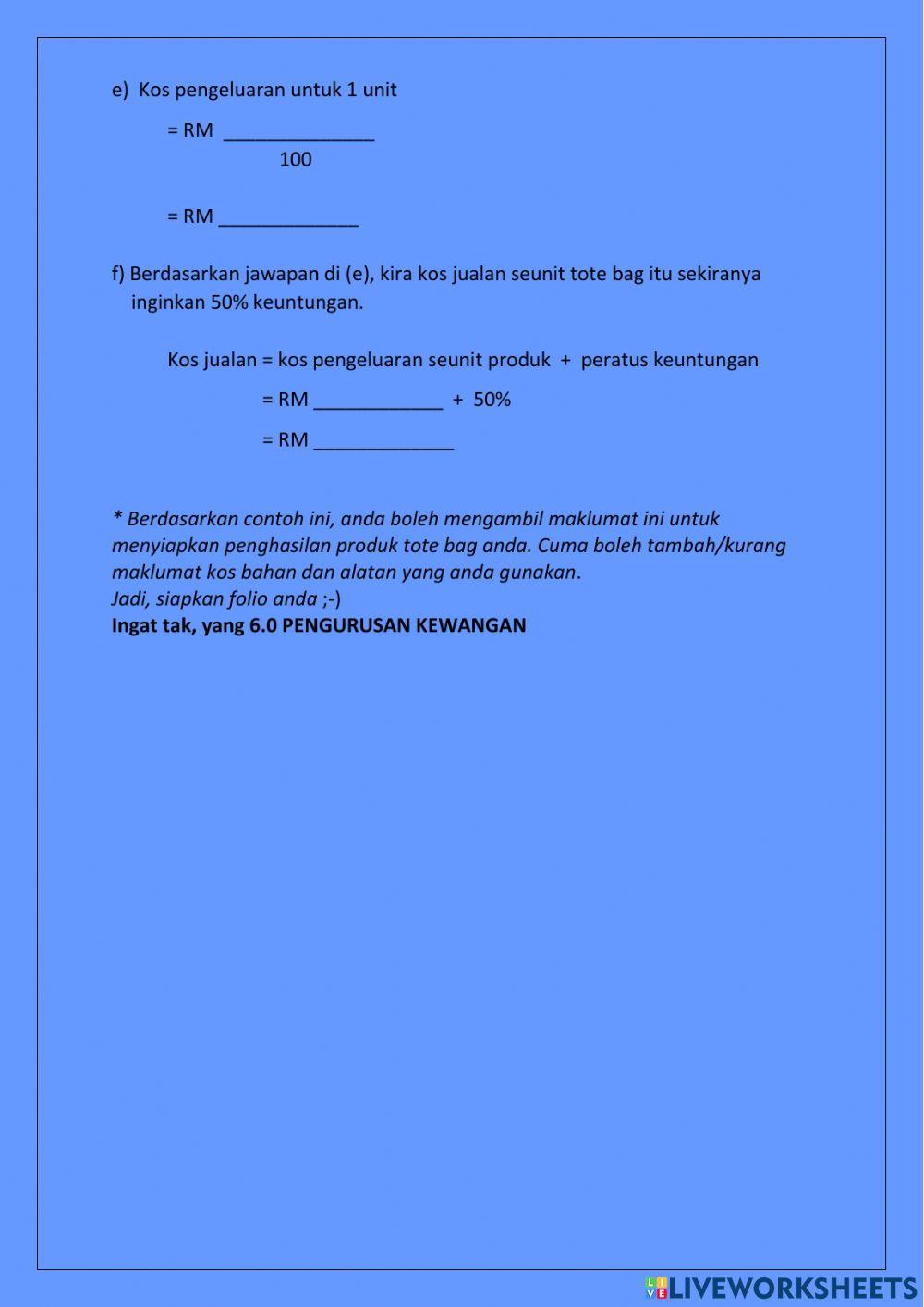 Pengiraan kos (… | Free Interactive Worksheets | 1130708