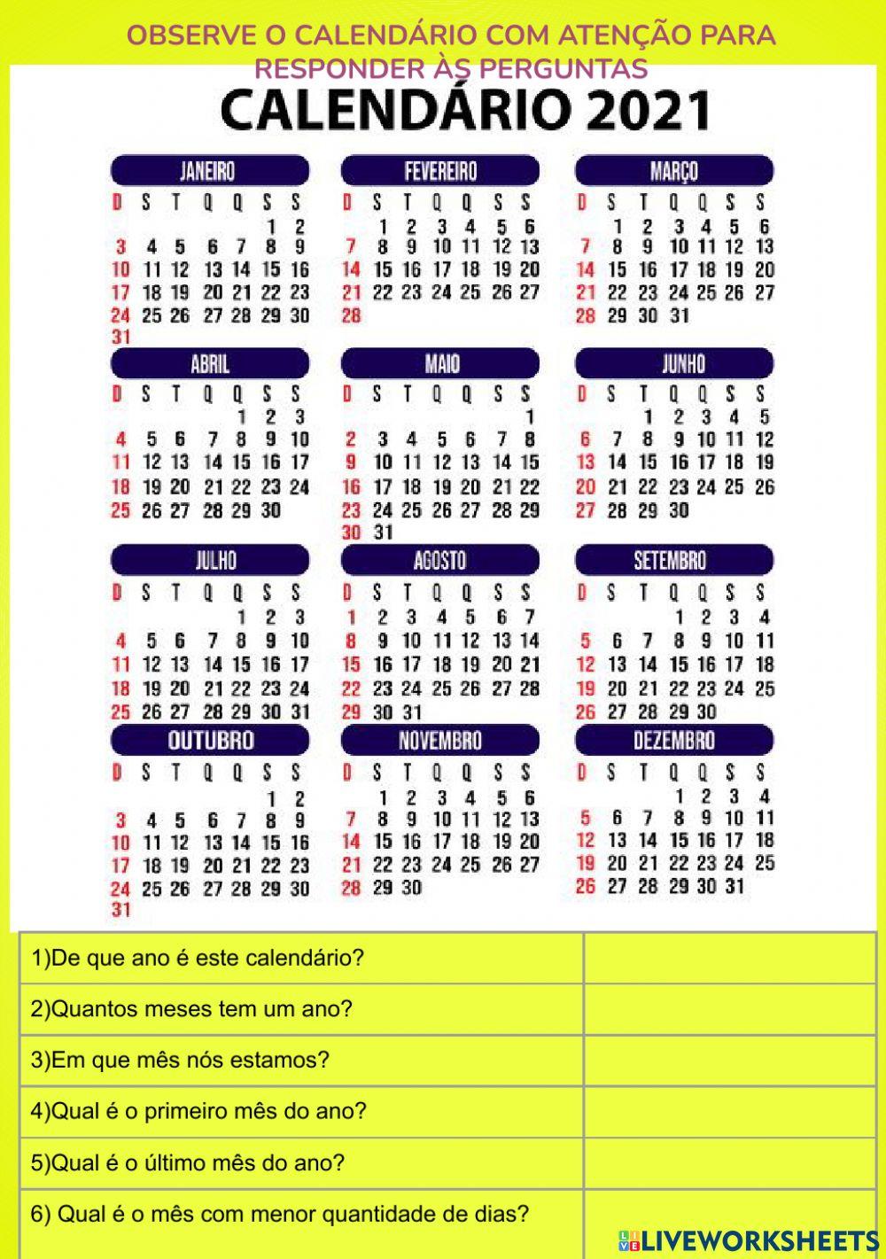 Calendário 2021 exercise | Live Worksheets
