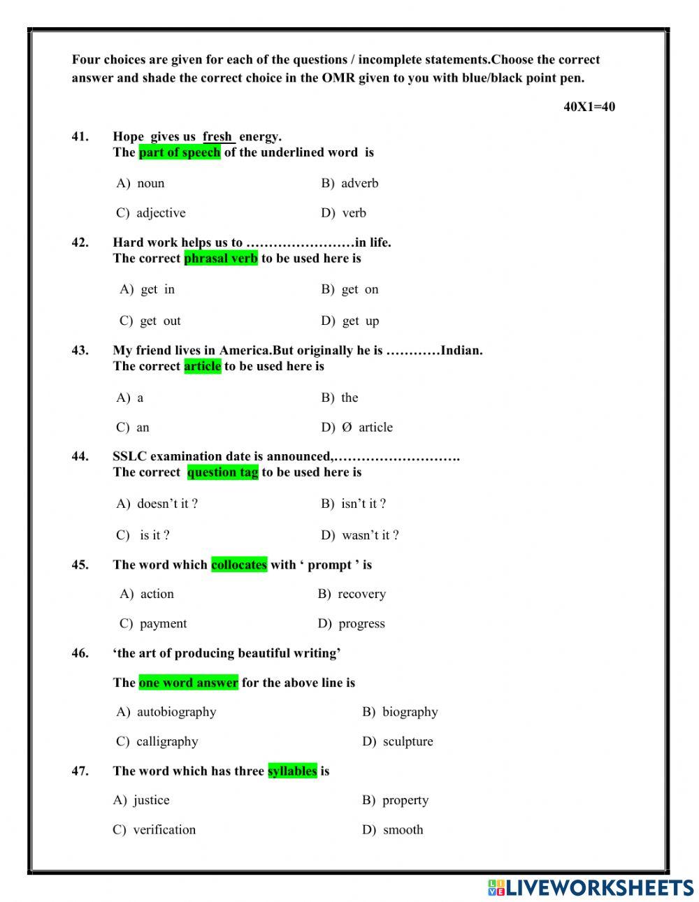 Vision SSLC 2021 worksheet | Live Worksheets