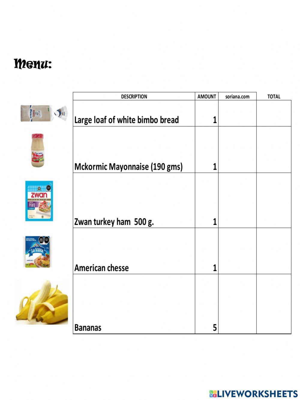 Fl menu budget worksheet | Live Worksheets