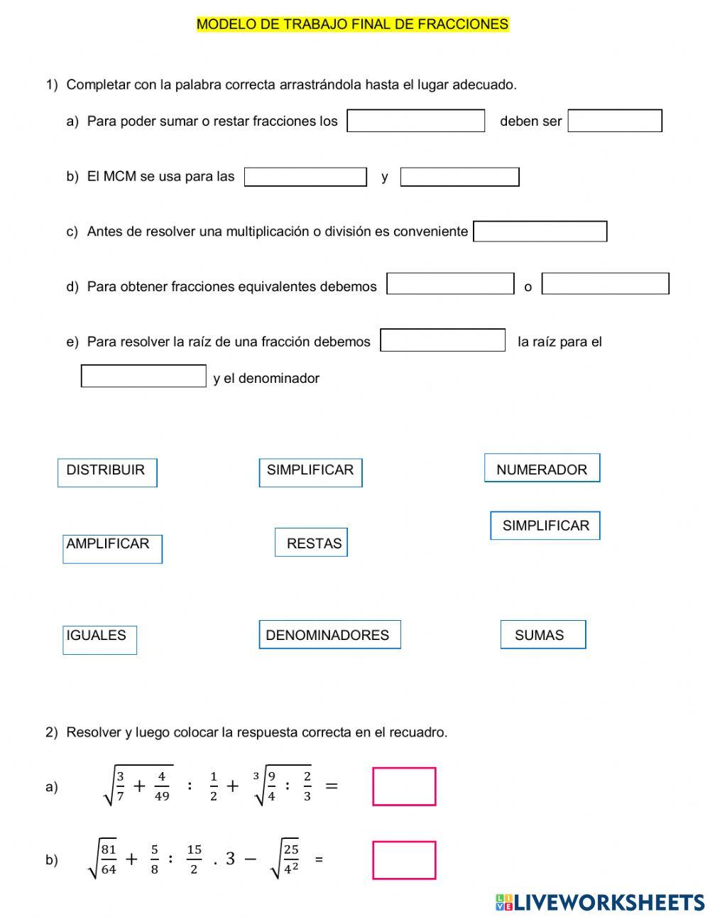 Modelo de trabajo final de fracciones cens worksheet | Live Worksheets