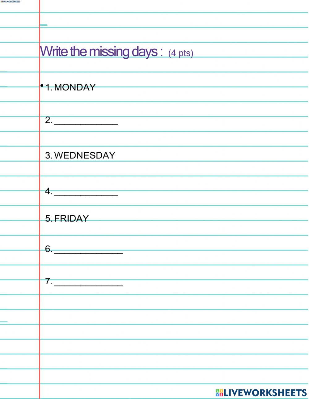 Subjects and days interactive worksheet | Live Worksheets