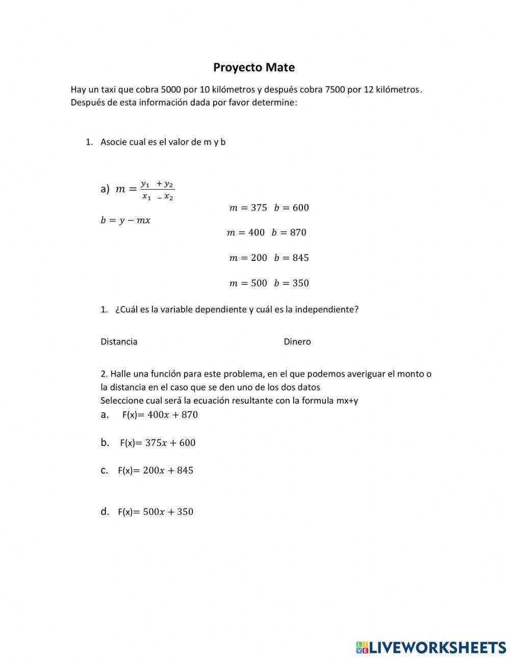 Proyecto Mate interactive worksheet | Live Worksheets